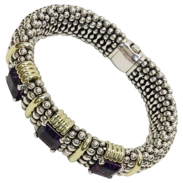 Lagos Caviar Sterling Silver, 18K Yellow Gold, Amethyst Beaded Bracelet ...