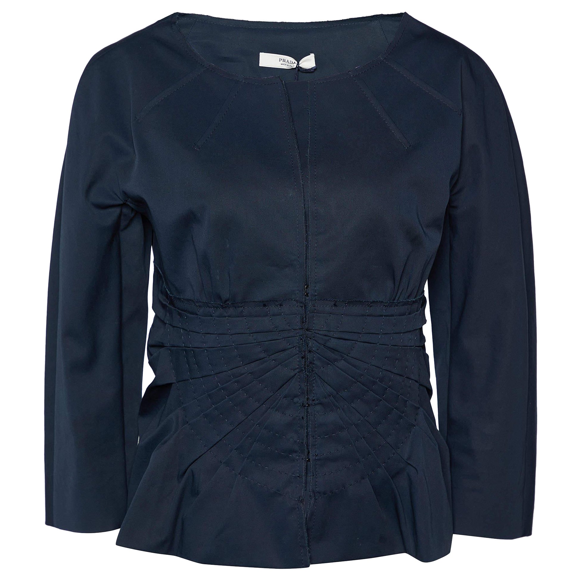 Prada Navy Blue Gabardine Draped Detail Hook Front Jacket L at 1stDibs