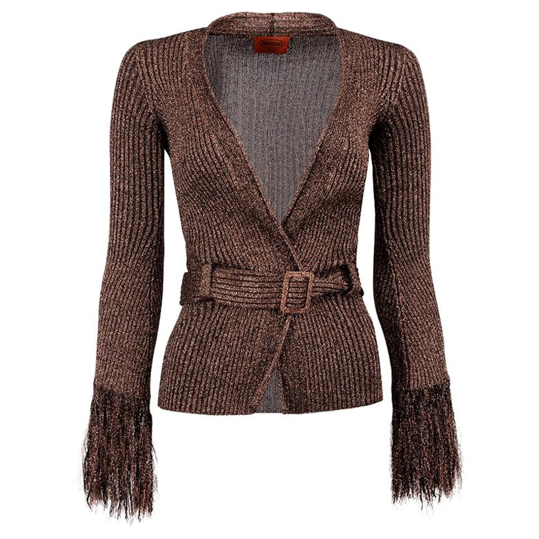 Copper Glitter Thread Fringe Cuffed Belted Cardigan Size XS For Sale at ...