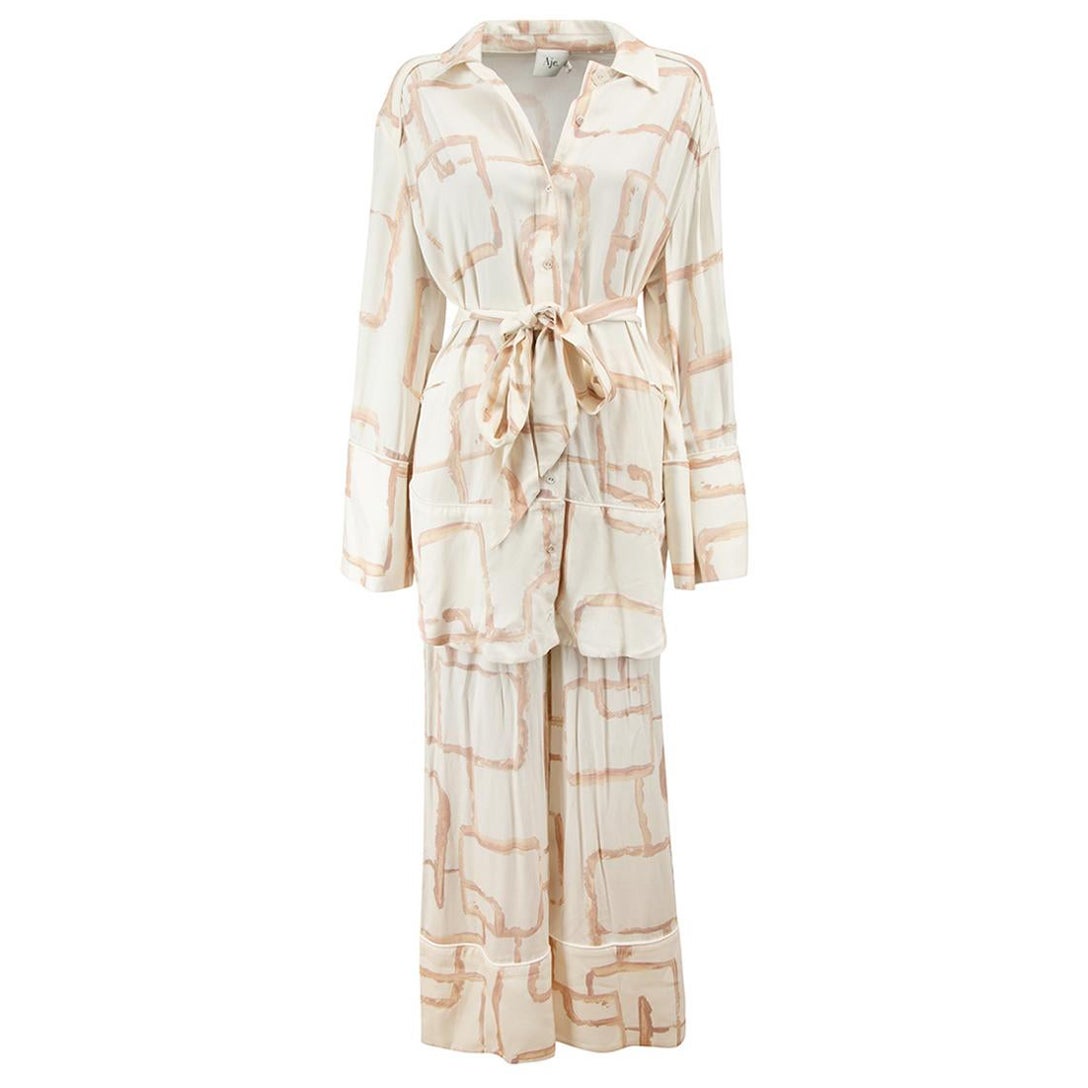Cream and Beige Patterned Shirt Dress and Trousers Set Size M For Sale ...