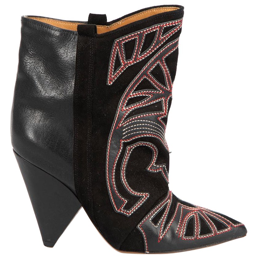 Isabel Marant Black Suede and Leather Embroidered Cowboy Boots Size IT ...