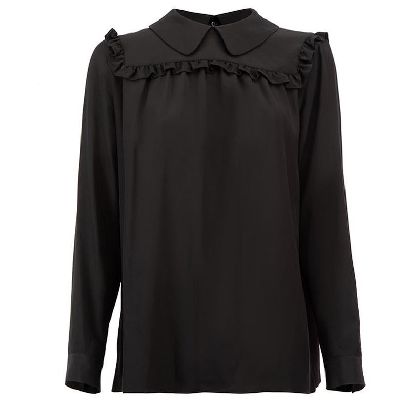 Black Silk Ruffle Accent Blouse Size M For Sale at 1stDibs
