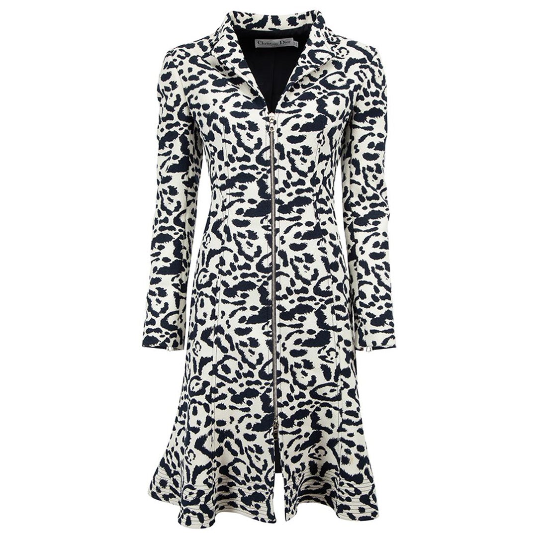 Christian Dior Navy and Cream Leopard Jacquard Full Zipped Coat Size M ...