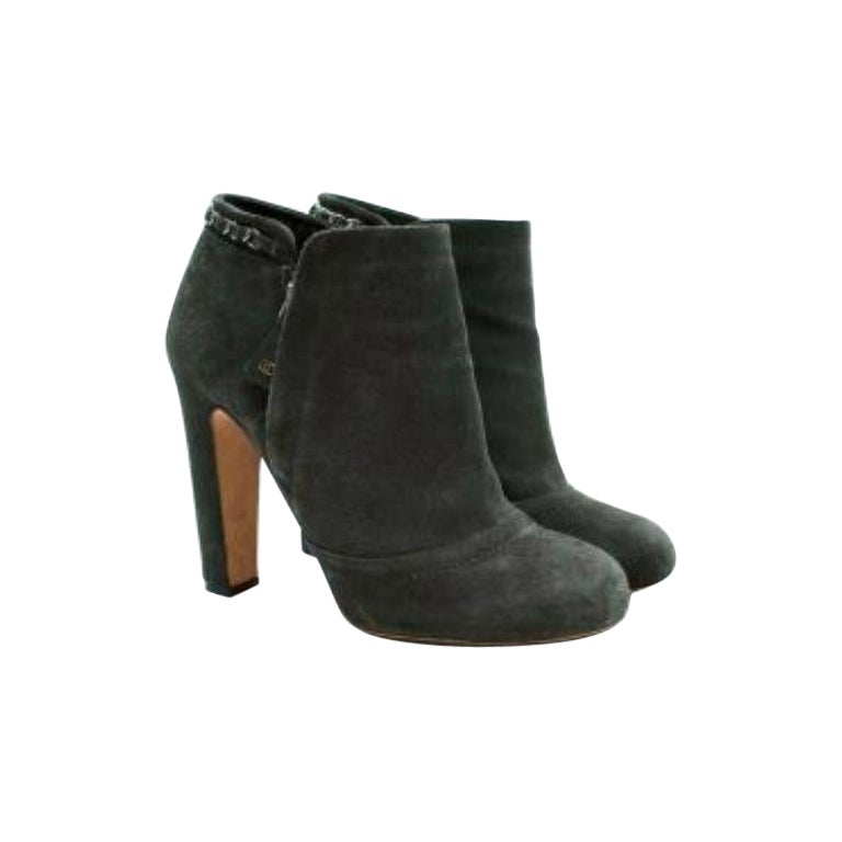 Chanel Grey Suede Chain Embellished Booties For Sale at 1stDibs