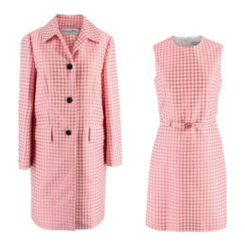 Dior Pink Houndstooth Cotton Intarsia Belted Dress and Coat For Sale at 1stDibs