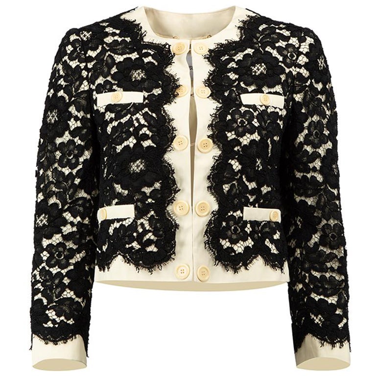 Cream and Black Lace Cropped Jacket Size S For Sale at 1stDibs