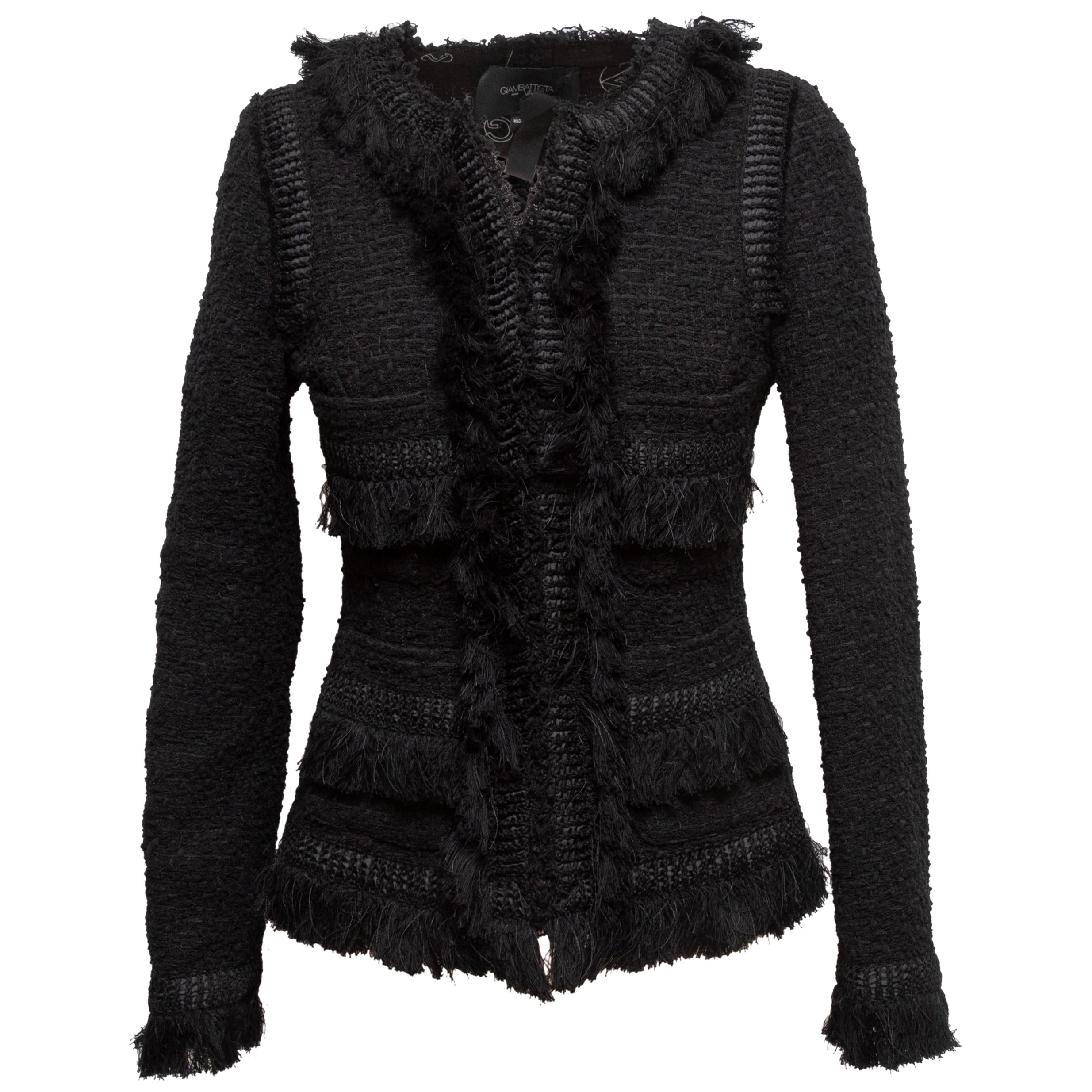 Black Giambattista Valli Tweed Fringe-Trimmed Jacket For Sale at 1stDibs
