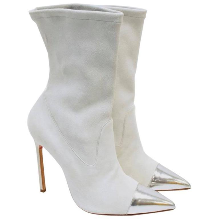 Manolo Blahnik Cream Pointed Sock Boots With Silver Toe For Sale at 1stDibs