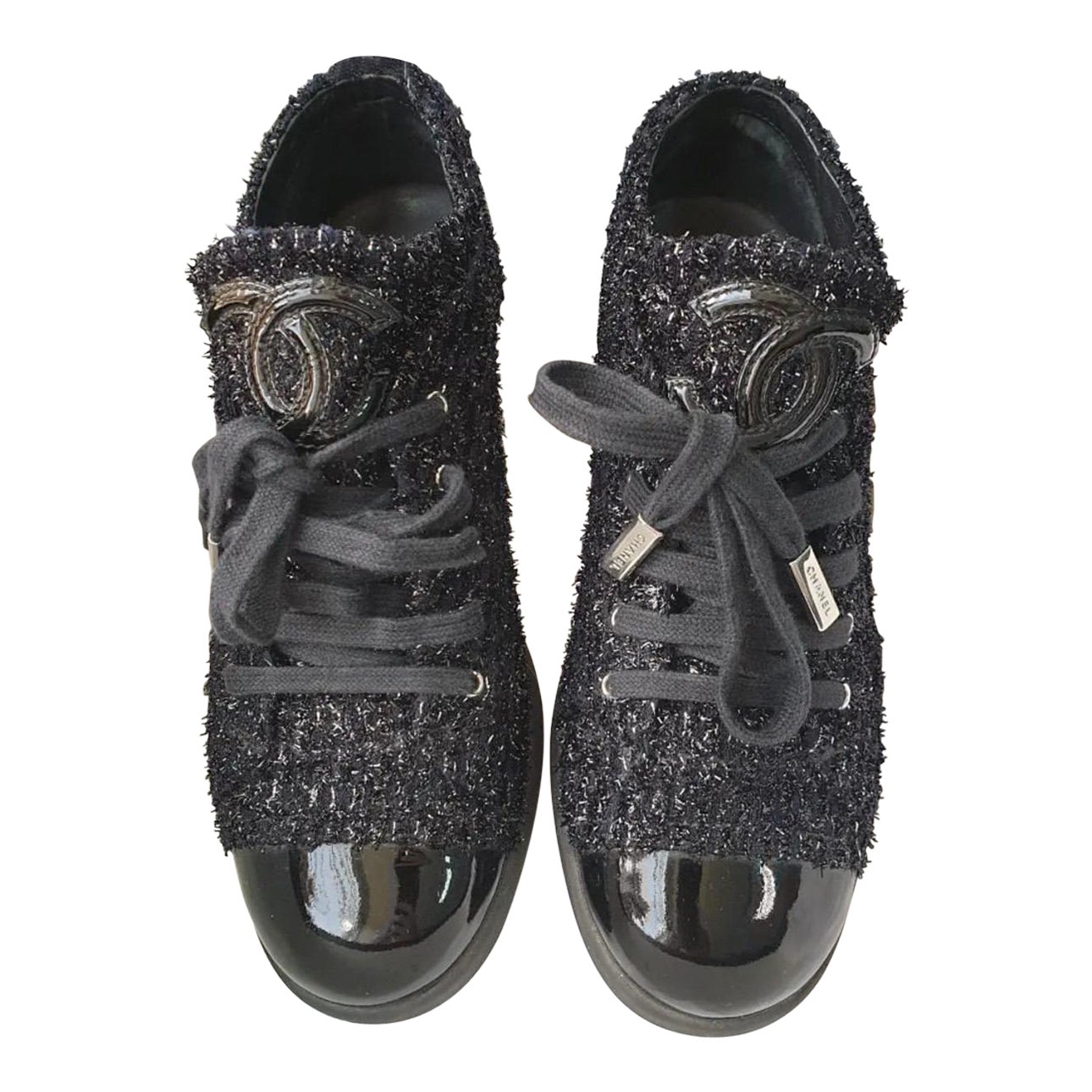 Chanel Black Navy Blue Shimmery Tweed Patent Leather Cap Toe Sneakers ...
