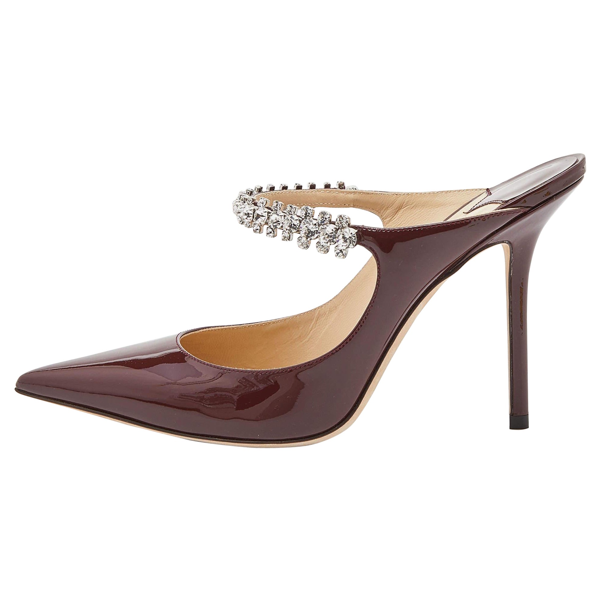 Jimmy Choo Burgundy Patent Leather Bing Mules Size 39.5 For Sale at 1stDibs
