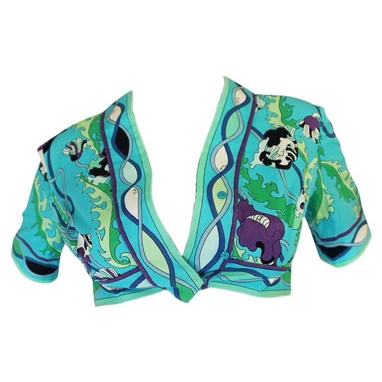 1960s Turquoise Print Cotton Emilio Pucci Cropped Top at 1stDibs