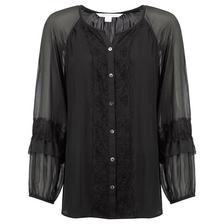 Diane Von Furstenberg Black Silk Lace Panel Blouse Size L For Sale at ...
