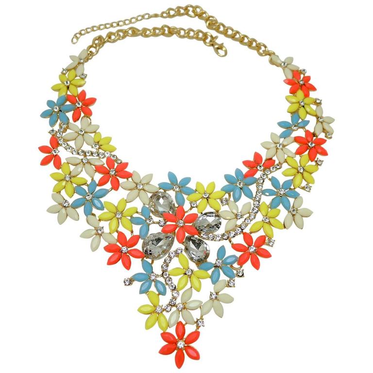 Multi-Color Floral and Rhinestone Statement Necklace at 1stDibs
