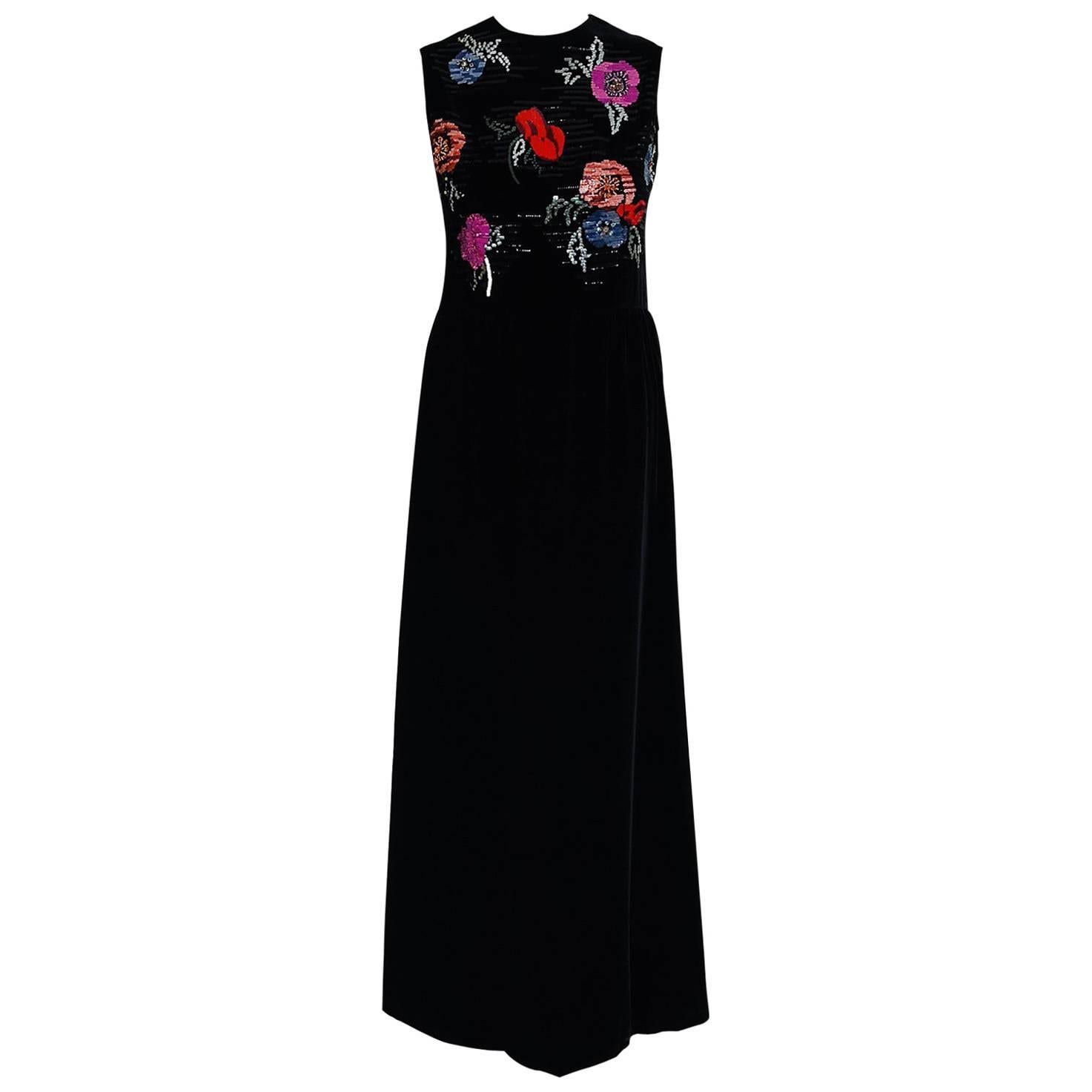 1972 Christian Dior Haute-Couture Lesage Beaded Colorful Floral Velvet ...