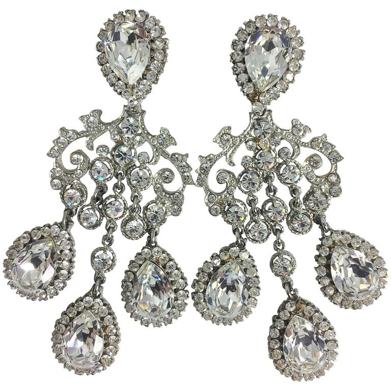 Massive chrystal rhinestone chandelier clip back earrings at 1stDibs