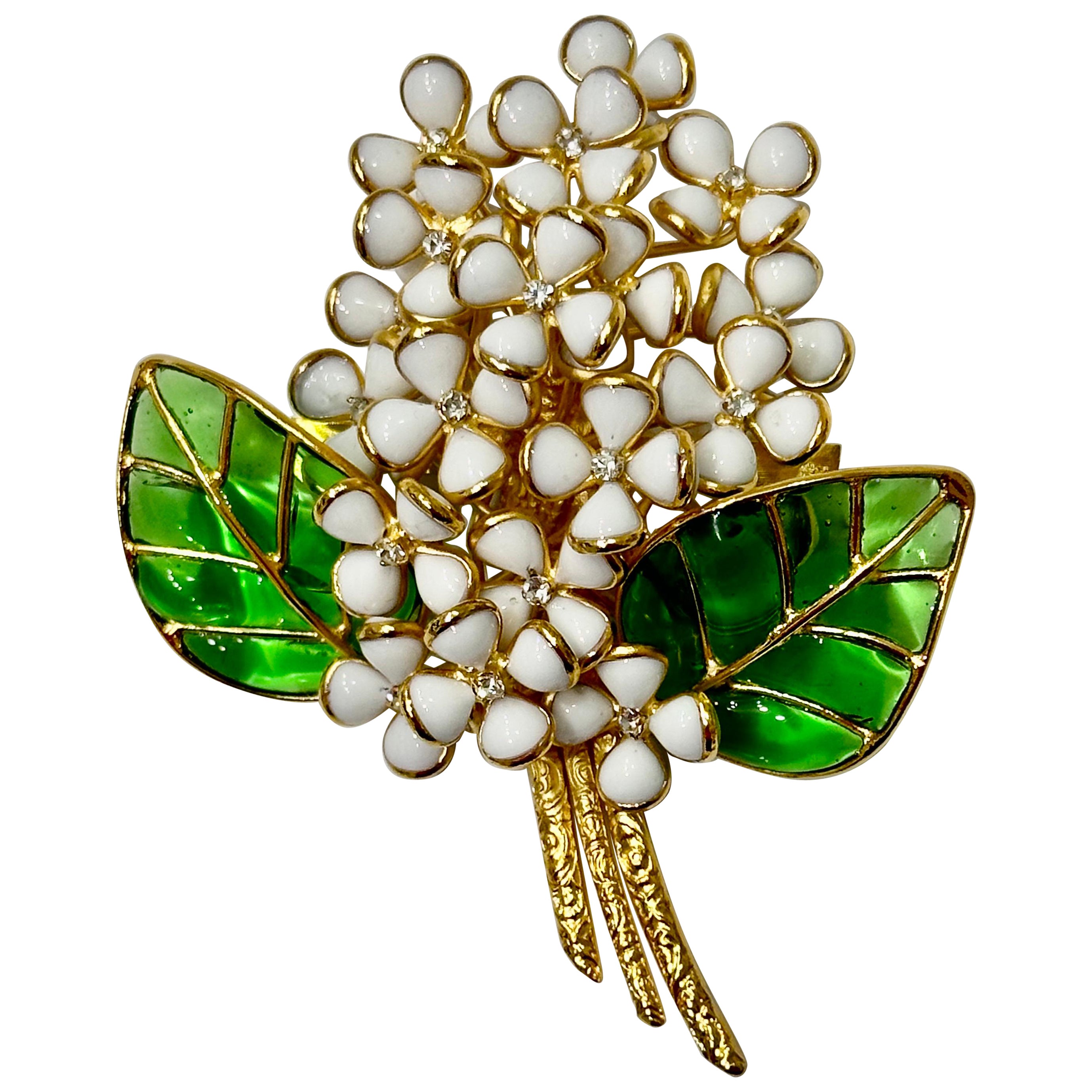 Pate De Verre White Flower Bouquet Brooch For Sale at 1stDibs