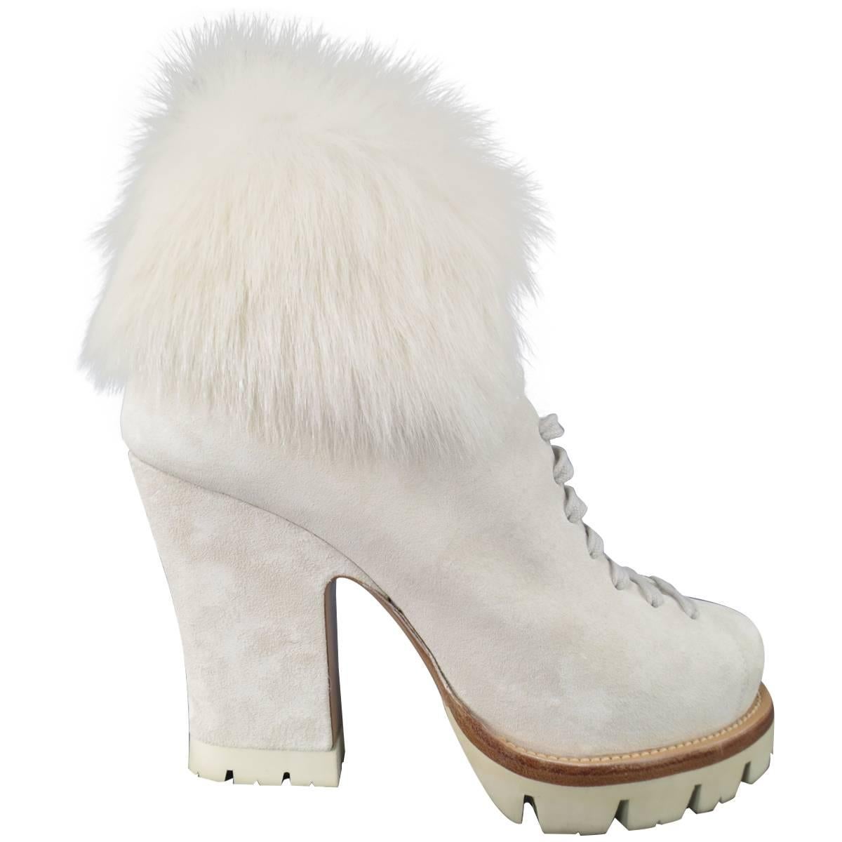 PRADA Size 8.5 Off White Suede Lace Up Fur Platform Ankle Boots at ...