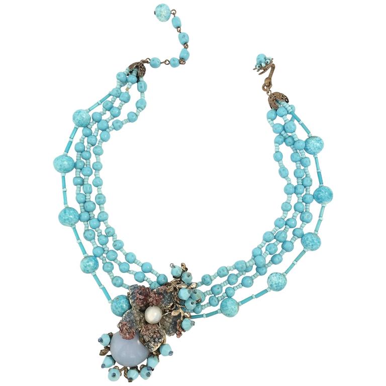 Miriam Haskell turquoise glass multi row necklace, 1960s at 1stDibs