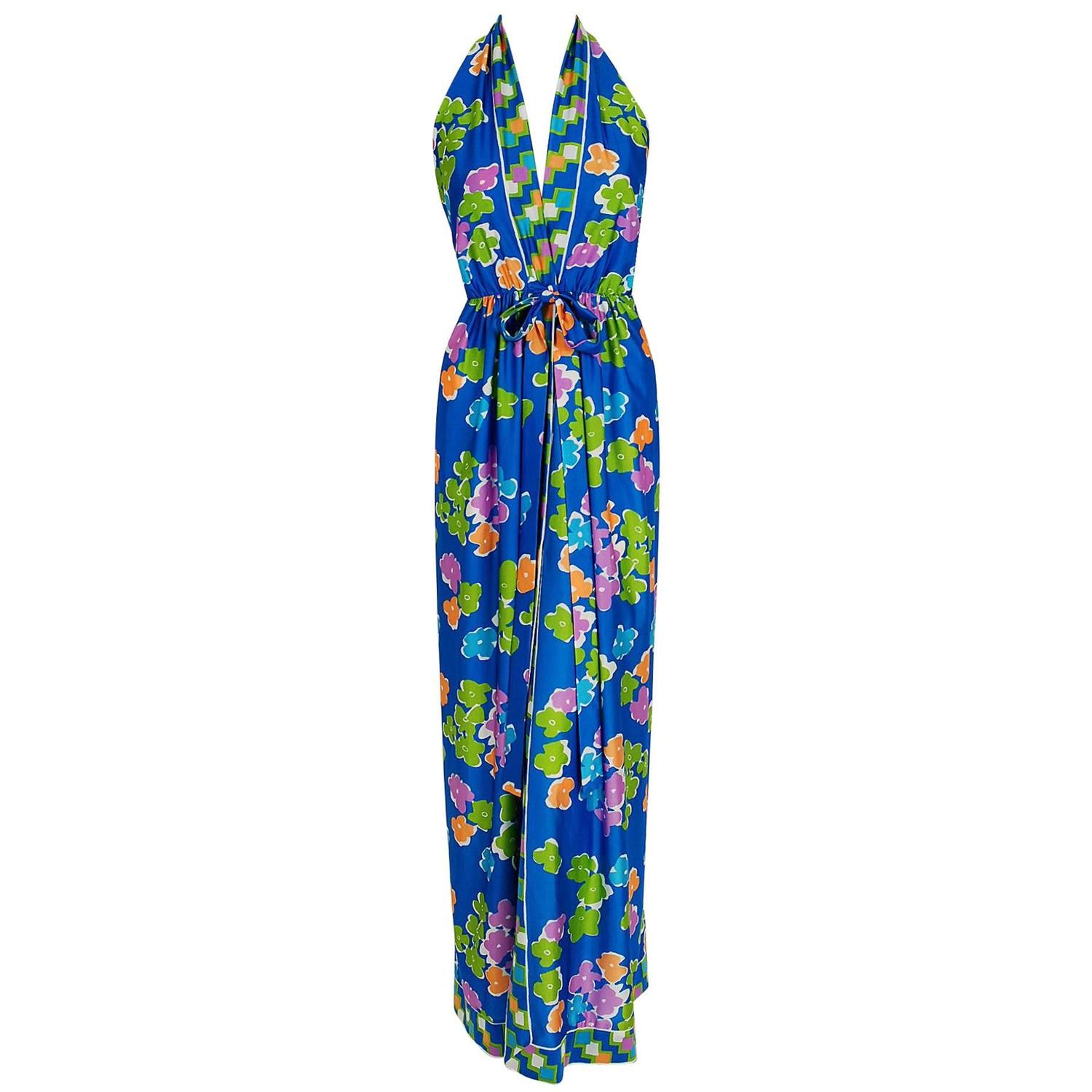 1970s Oscar De La Renta Colorful Silk Jersey Print Halter Backless