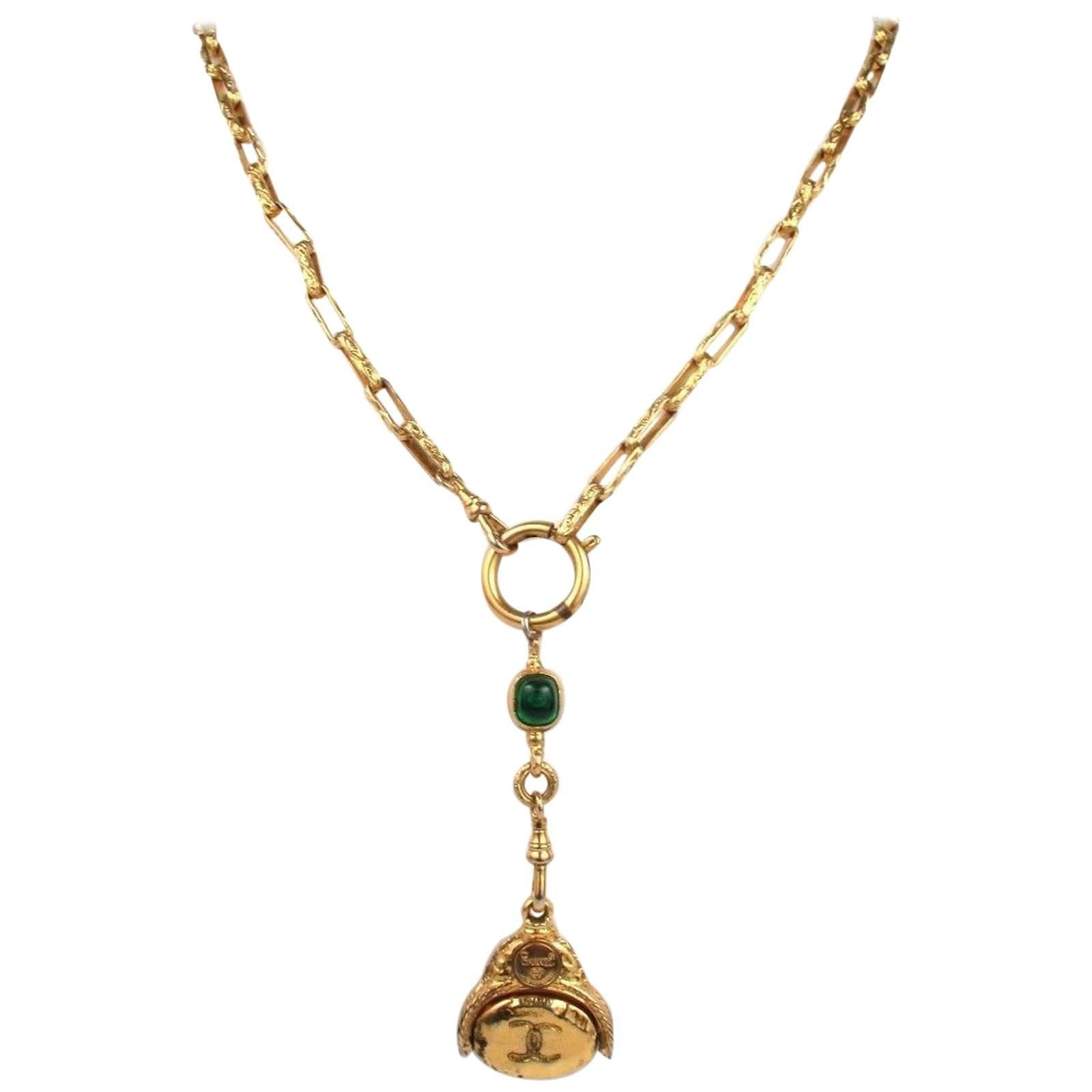 Chanel Necklace Gripoix Vintage Green Glass Pendant Stone Bead Charm ...