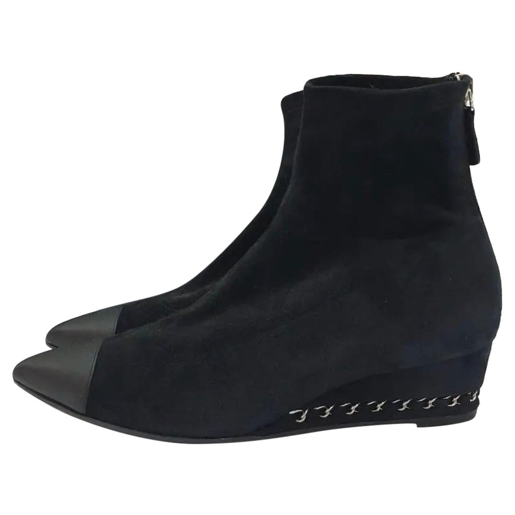 Chanel Satin CC Toe Black Suede Chain Wedge Booties For Sale at 1stDibs