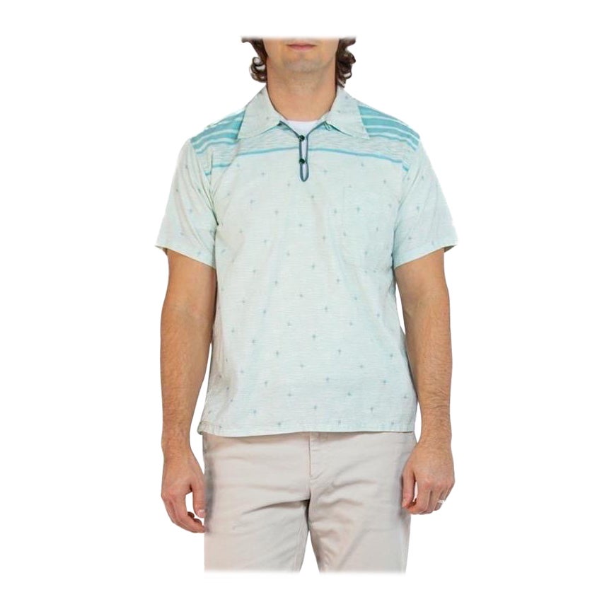 1950S Aqua Blue Cotton Men's Atomic Geometric Print Shirt For Sale at ...