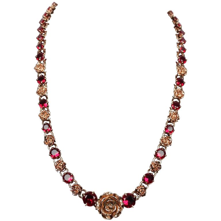 PRADA Gold Metal Red RHINESTONES Roses NECKLACE w/ BOX For Sale at 1stDibs