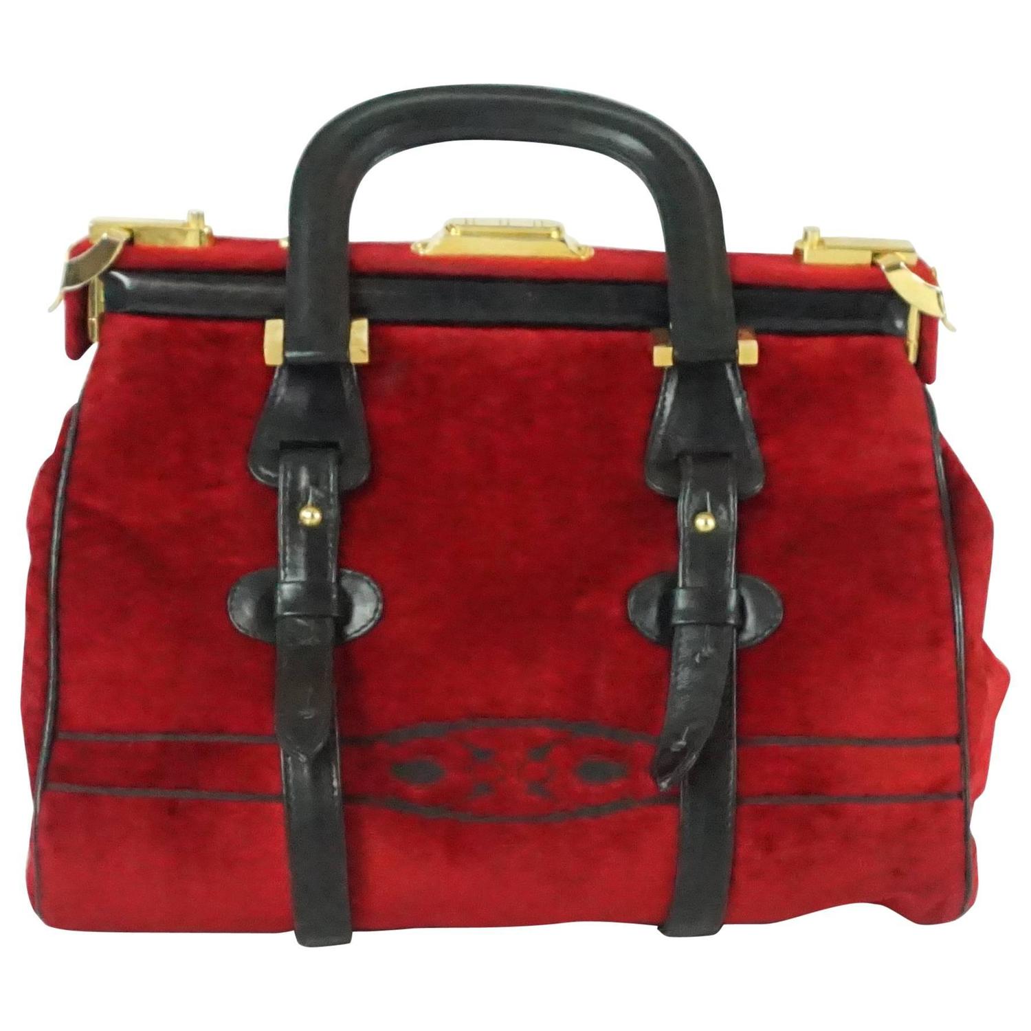 Cesare Piccini Vintage Red Velvet Handbag with Black Leather Trim ...