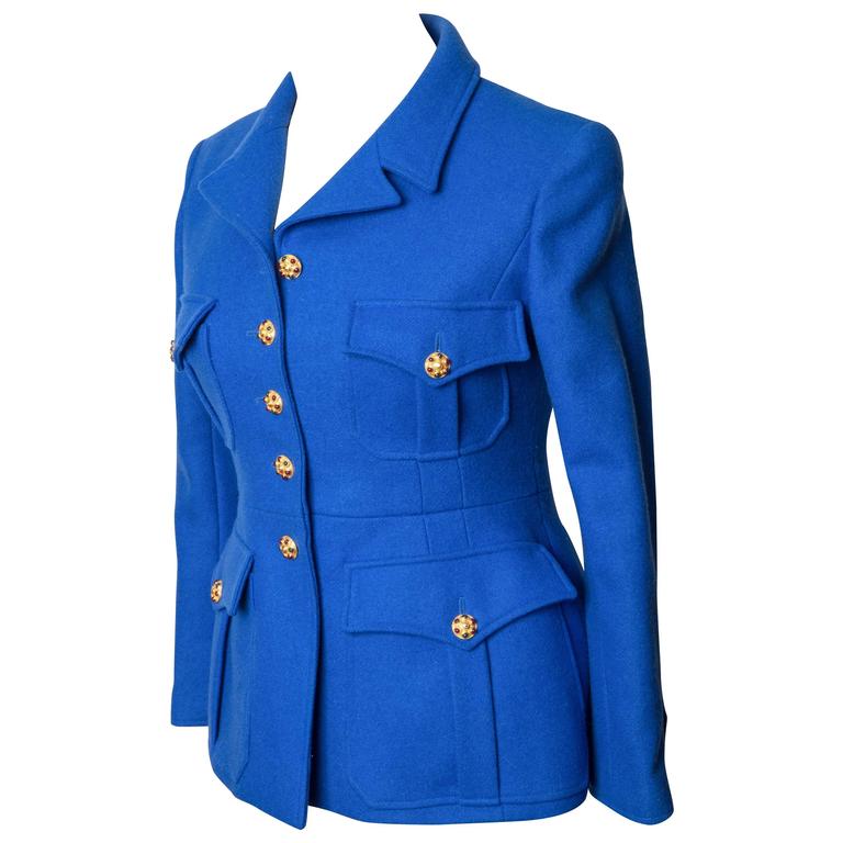 Chanel Sky Blue Wool Jacket with Gripoix Buttons - Size 42 at 1stDibs