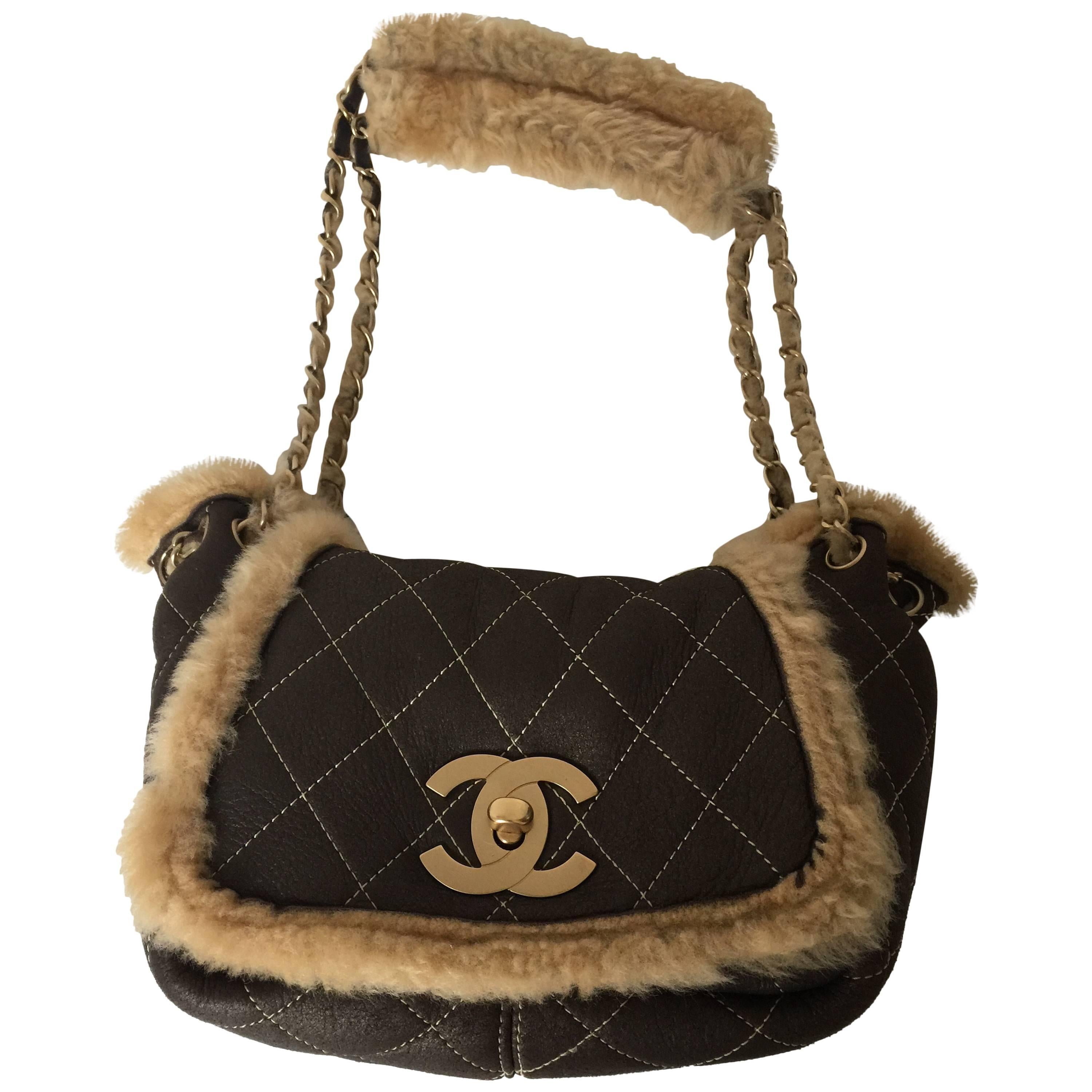Rare and Chic Chanel Brown Quilted Suede and Shearling Flap Bag For ...