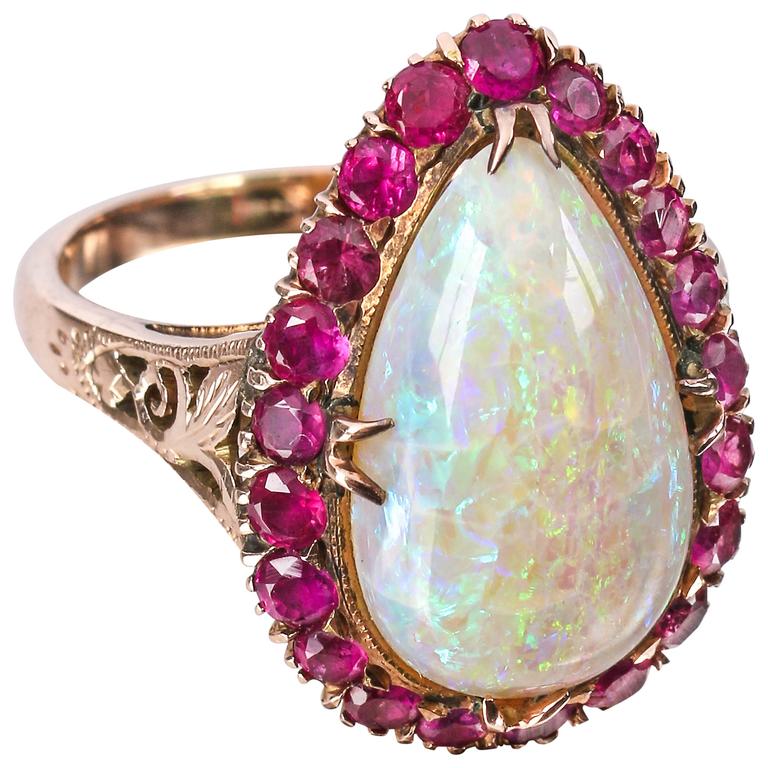 c.1930's Large Teardrop Opal Ruby Rose Gold 14 KT Ring Size 6.75 - 7 ...