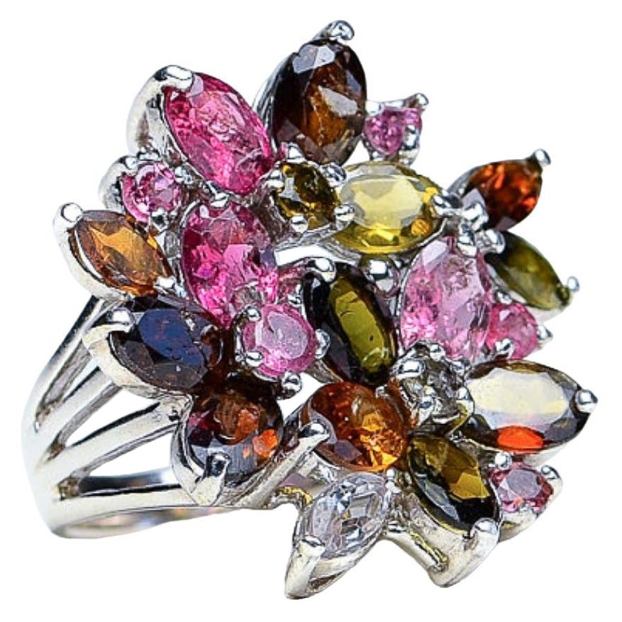Pink Yellow Green Blue Tourmaline Multi Color Flower Cocktail Ring For ...