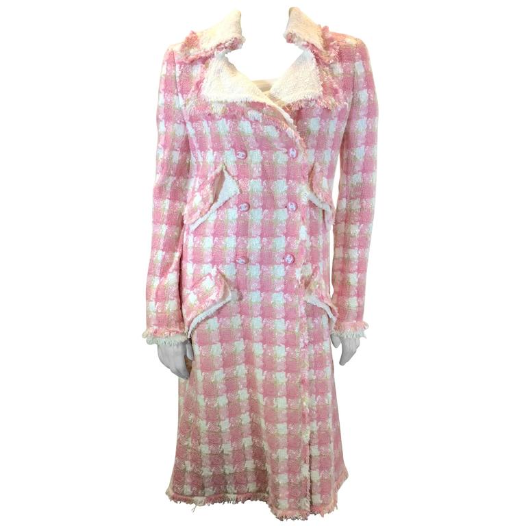 Chanel Pink and White Tweed Checkered Jacket For Sale at 1stDibs