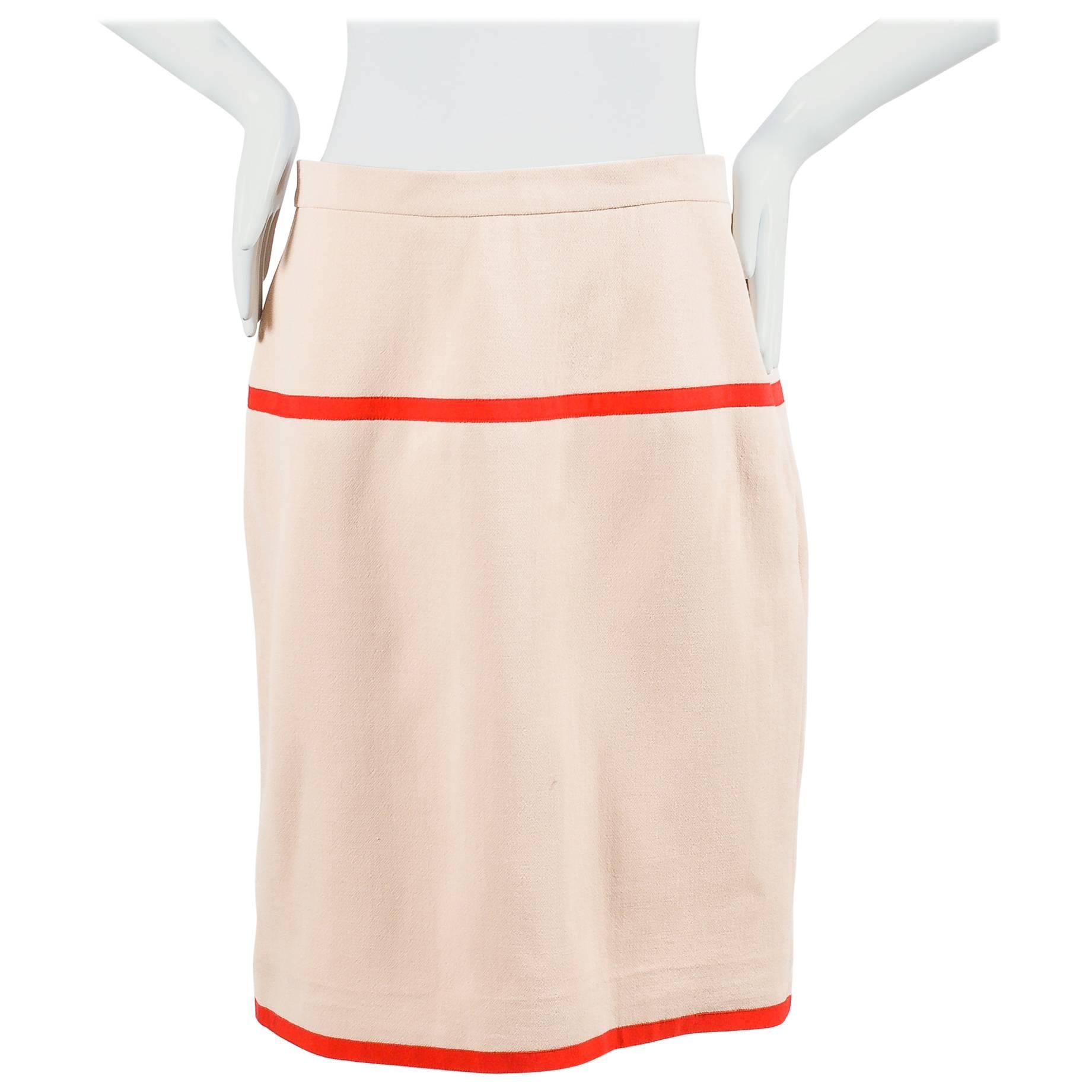 Vintage Chanel Boutique Red and Beige Wool and Silk Pencil Skirt Size ...