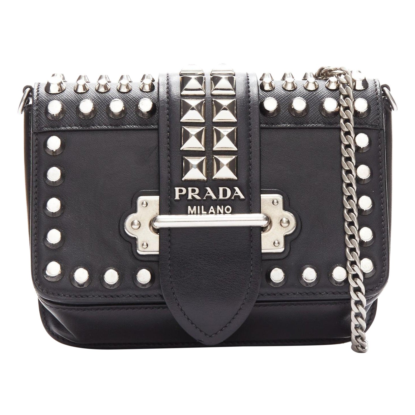 PRADA Cahier Saffiano City black calf silver studded crossbody chain belt bag For Sale at 1stDibs