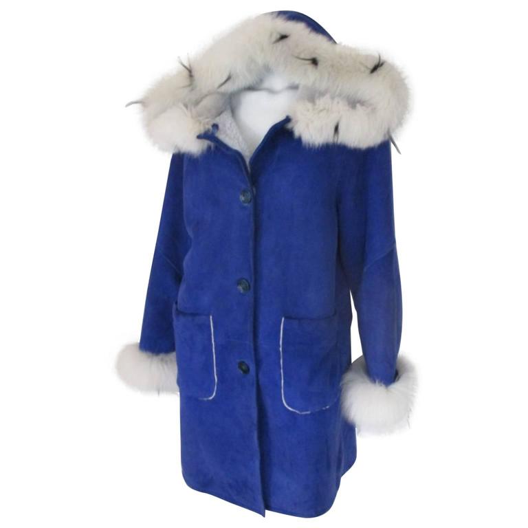 hooded cobalt blue soft shearling coat with fox fur For Sale at 1stdibs