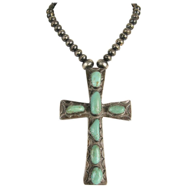 Spectacular OLD Pawn 4" Sterling Silver Navajo Turquoise Cross w Beaded ...
