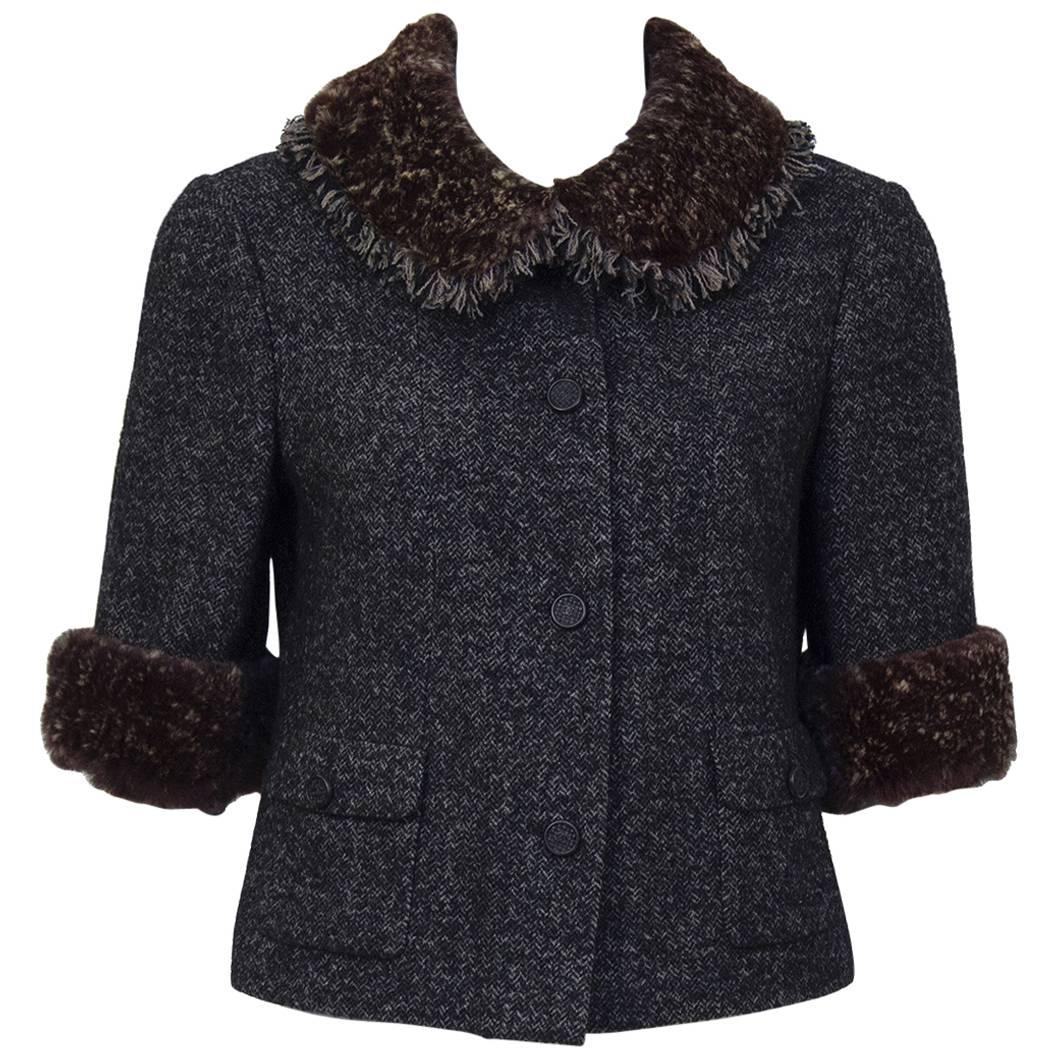 2005 Chanel Charcoal Jacket with Fur Trimmed Collar at 1stDibs