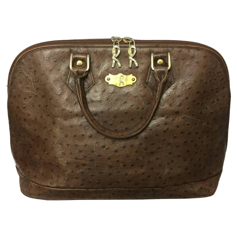 Vintage Roberta di Camerino ostrich embossed brown leather bag in Alma style For Sale at 1stDibs