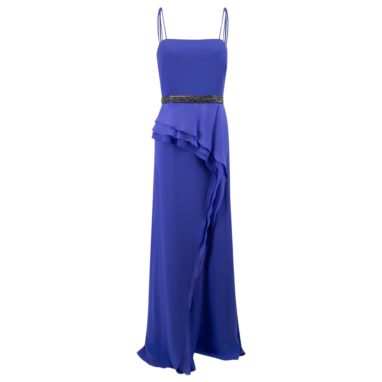 Badgley Mischka Blue Ruffle Embellished Maxi Gown Size XL For Sale at ...
