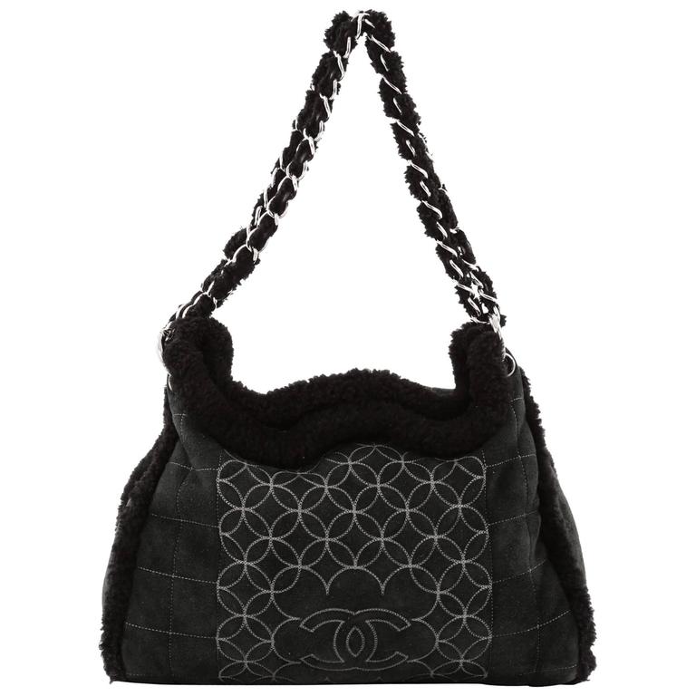 Chanel Embroidered CC Chain Tote Quilted Suede and Shearling at 1stDibs