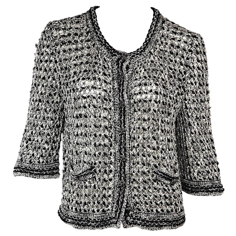 Black and White Chanel Open Knit Cardigan at 1stDibs