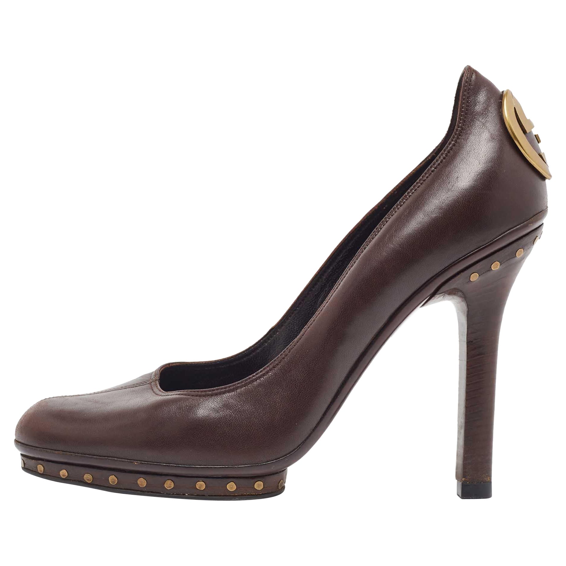 Gucci Brown Leather Interlocking G Studded Platform Pumps Size 42 For ...