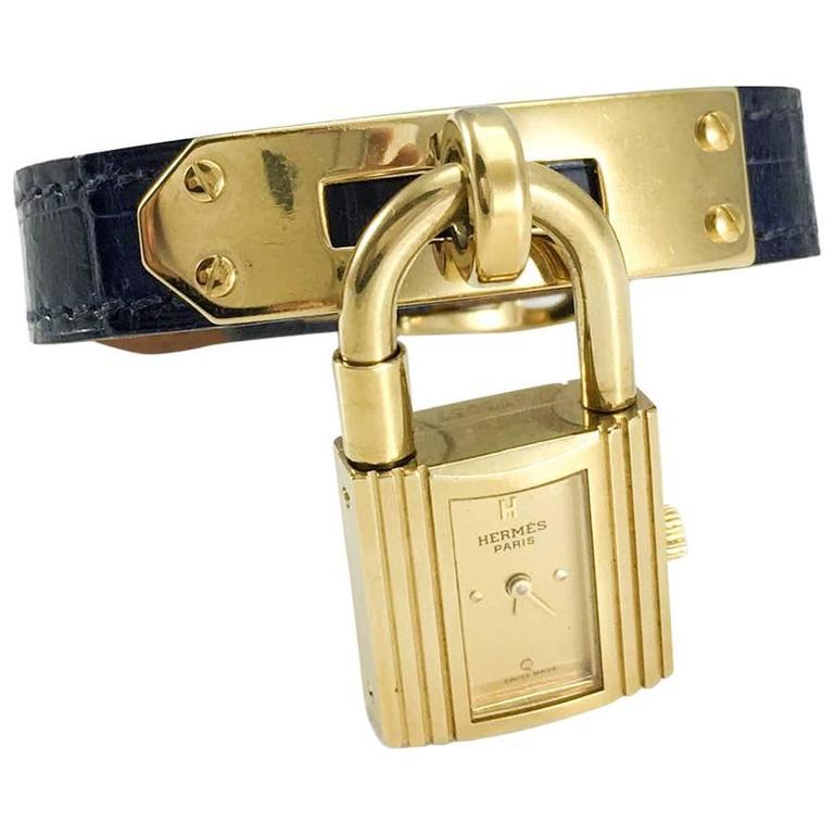 Hermes Gold-Plated Kelly Watch With Midnight Blue Crocodile Leather ...