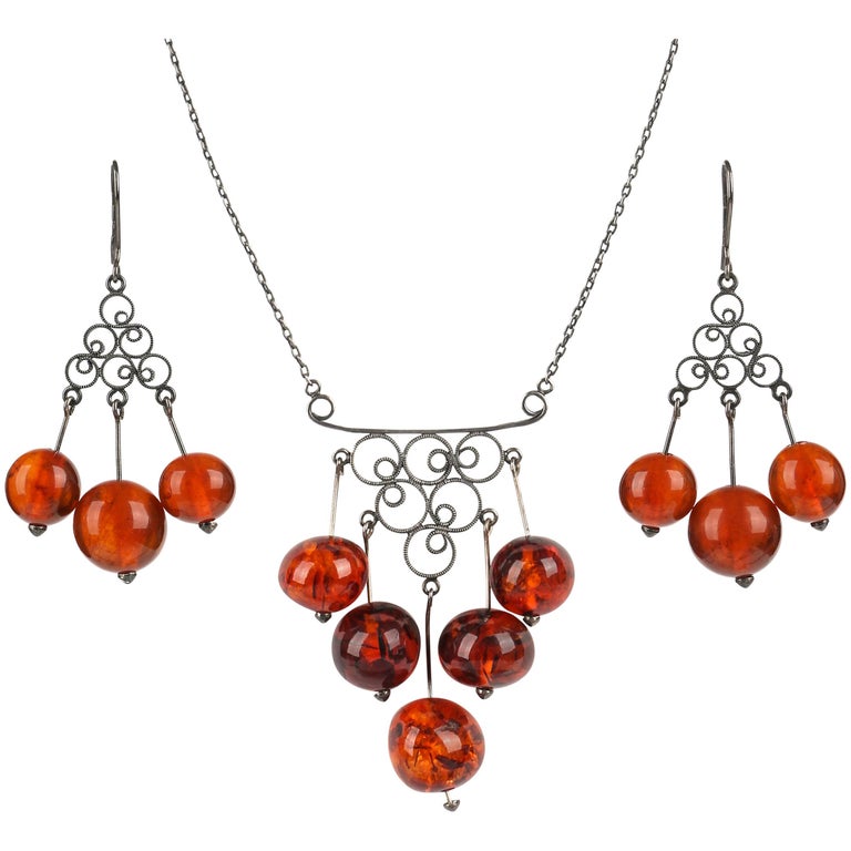 c.1970's RUSSIAN AMBER Silver 875 Demi Parure Chandelier Necklace ...