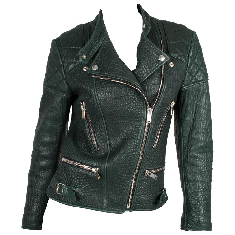 Very rare deep forest green shrunken kangaroo leather biker jacket ...