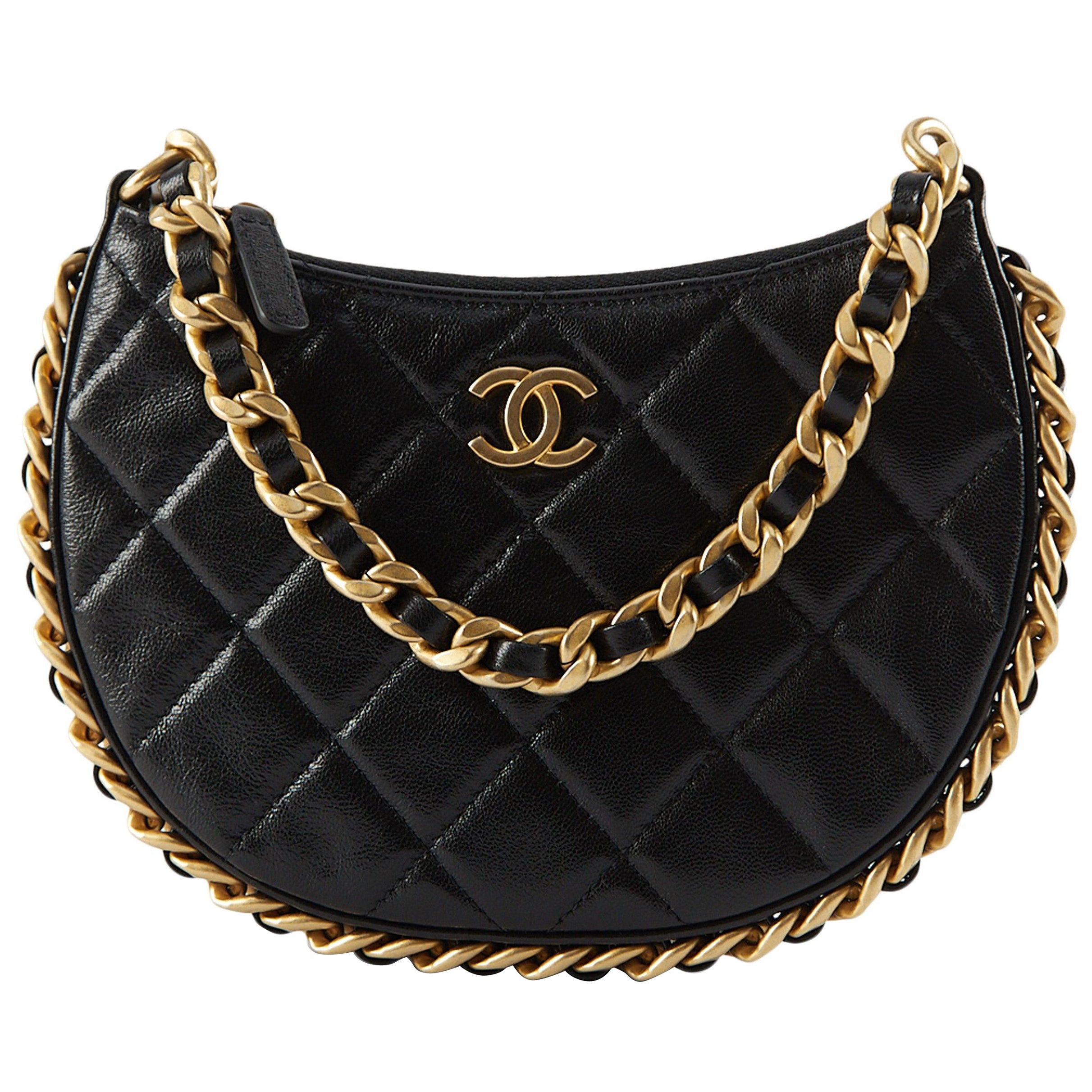 CHANEL MINI ROUND HOBO BAG BLACK Lambskin Leather with Gold-Tone ...