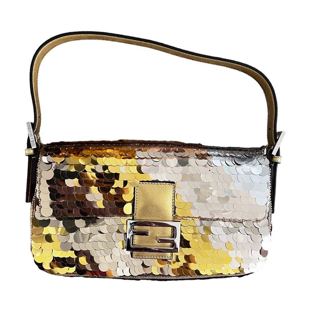 FENDI Sequin Paillettes Vitello Laminato Striped Baguette 1997 Oro ...