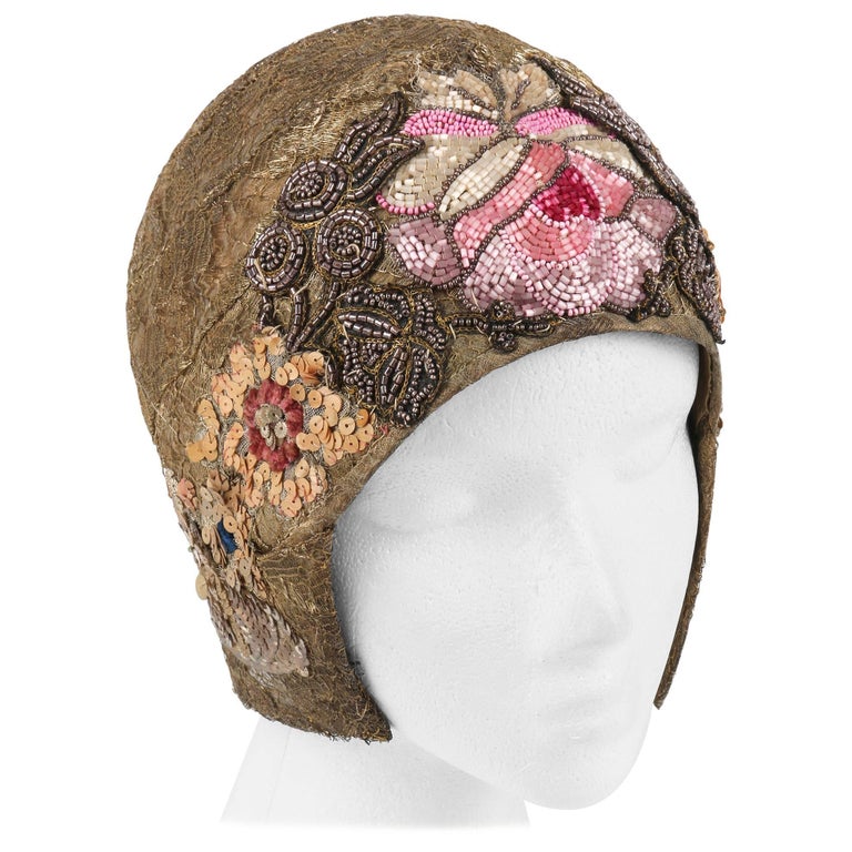 MANNHEIMER c.1920's Gold Lace Floral Glass Bead Sequin Helmut Flapper ...