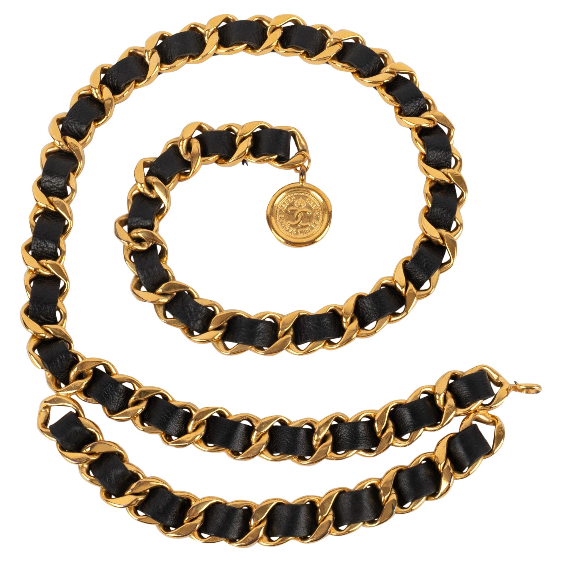 Chanel Golden Metal Belt with Black Leather For Sale at 1stDibs